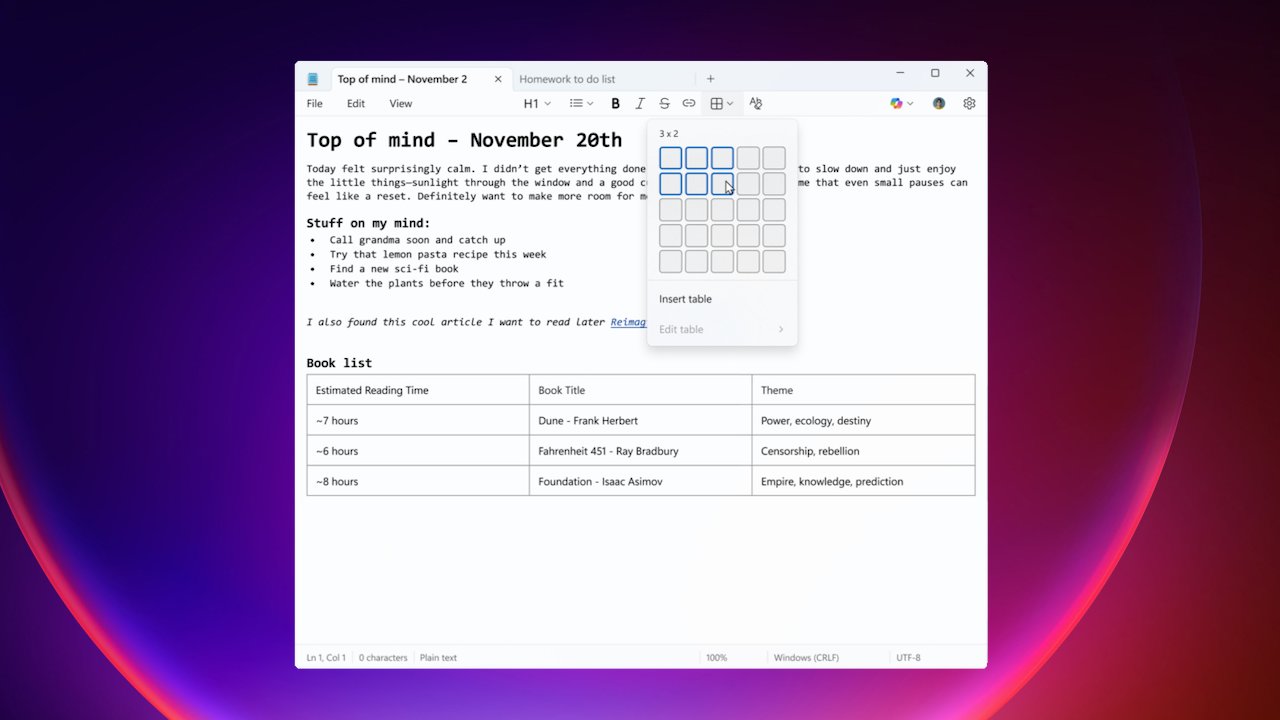 Microsoft Adds Tables and Streaming AI to Windows Notepad App - WinBuzzer